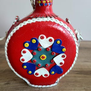 Vintage Folk Art Leather Wrapped Glass Bottle Canteen Flask Croatian ...