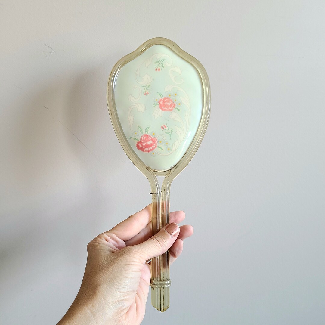 Vintage 1950s Lucite Hand Mirror With Floral Design. Mid Century Vanity ...