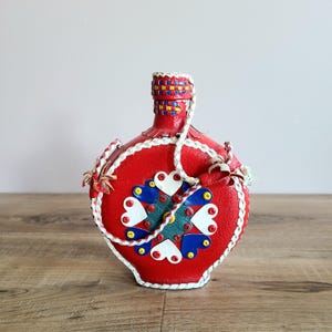 Vintage Folk Art Leather Wrapped Glass Bottle Canteen Flask Croatian ...
