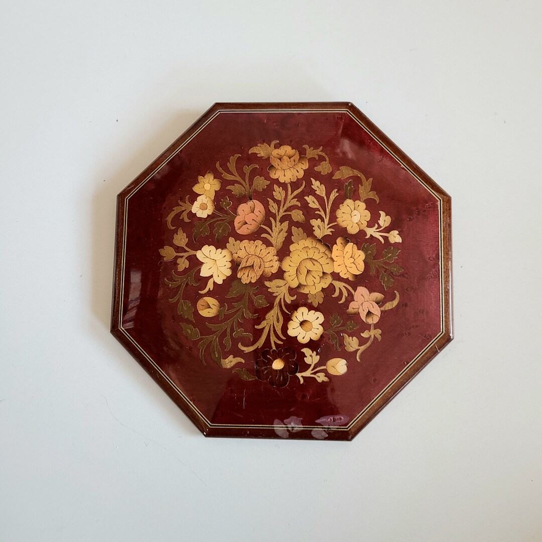 Vintage Lacquered Octagon Italian Wooden Wall Plaque With Floral Design ...