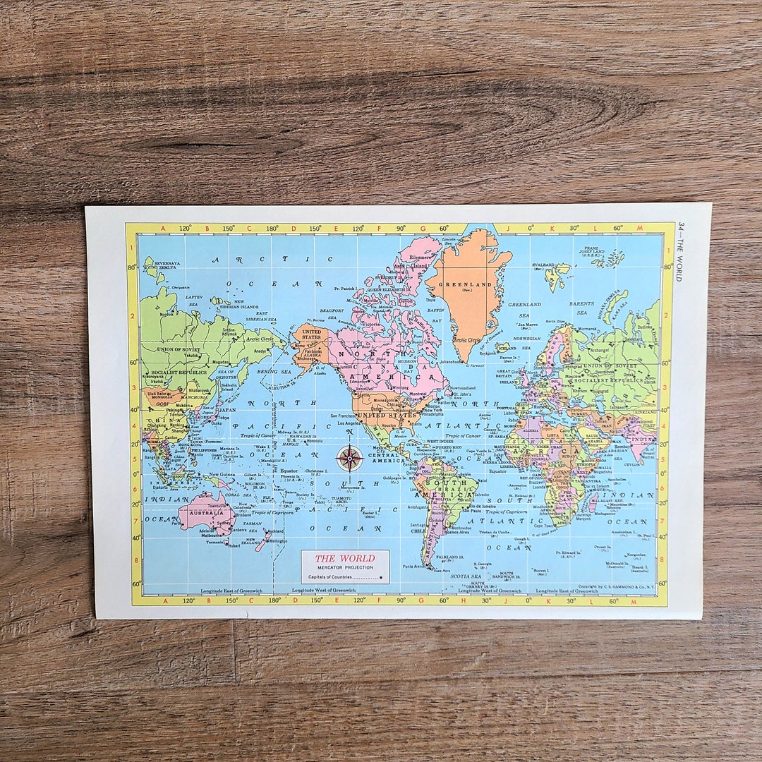 Vintage World Map Ephemera History Geography Book Scrapping Craft ...
