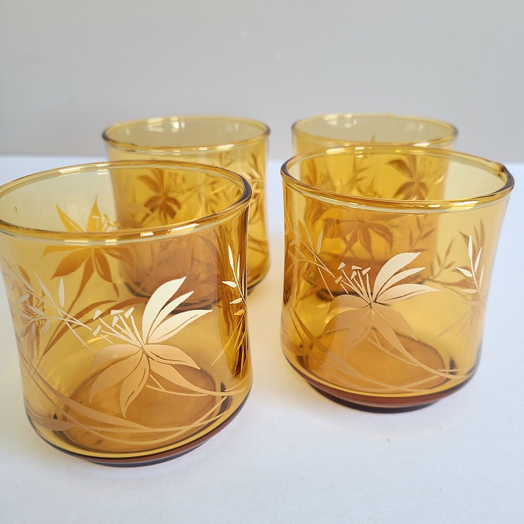 Set of 4 Amber Yellow Drinking Glasses With Floral Design. Vintage ...