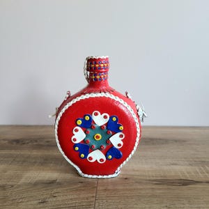 Vintage Folk Art Leather Wrapped Glass Bottle Canteen Flask Croatian ...