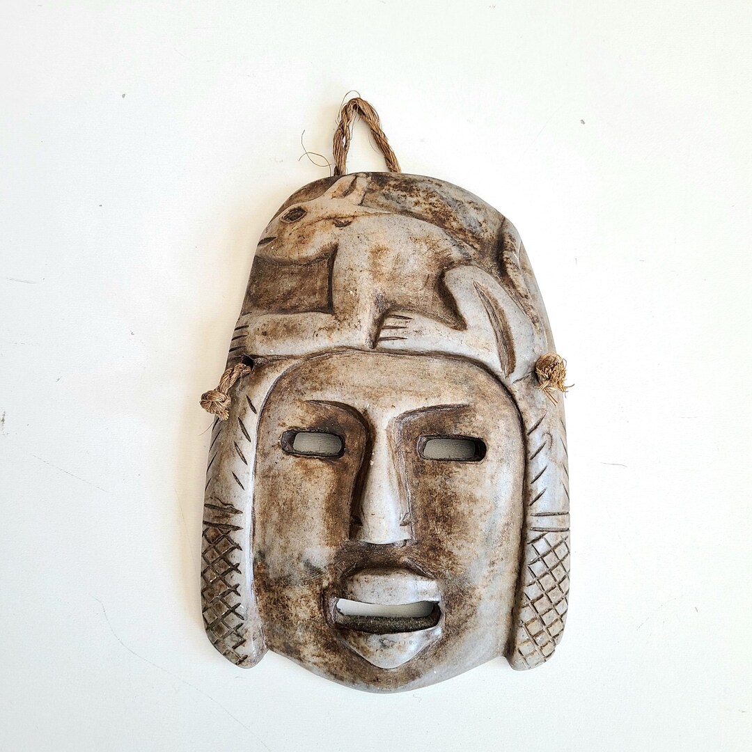 Aztec Mayan(?) Carved Stone Man's Head Mask With Animal on Forehead ...