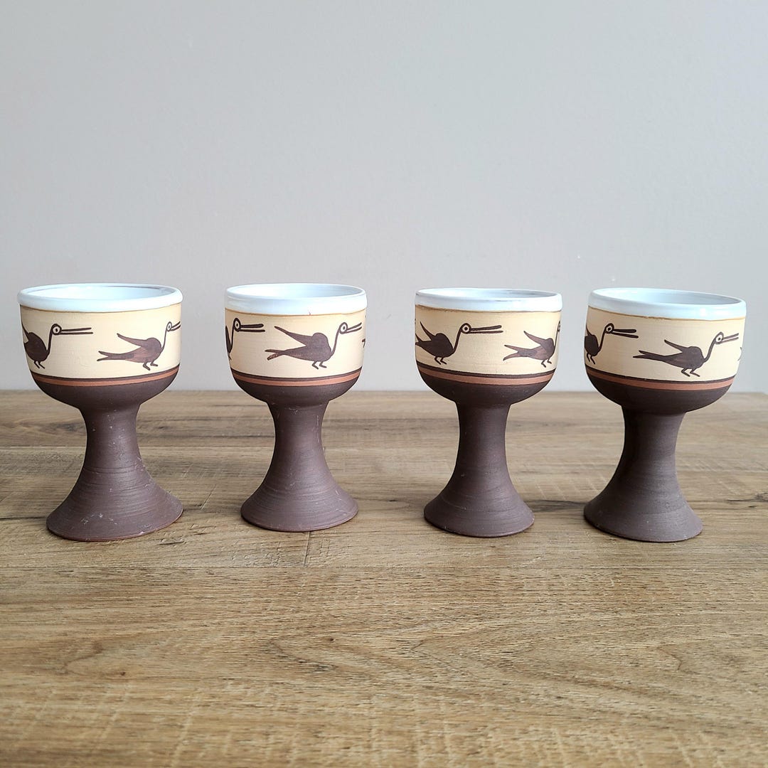 Set of 4 Hand Painted Ceramic Goblets Wine Goblets With Birds Design ...