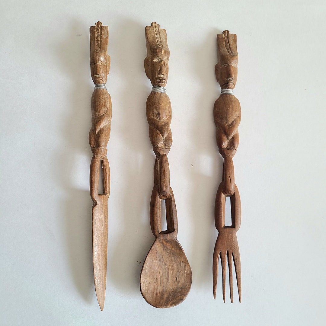 Vintage Carved African Tribal Teak Wood Large Decorative Salad Fork ...