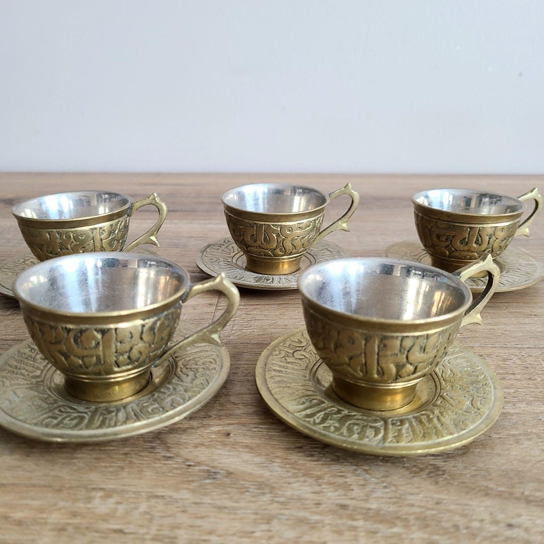 Vintage Etched Solid Brass Set of 5 Tea/coffee Small Cups With Saucers ...