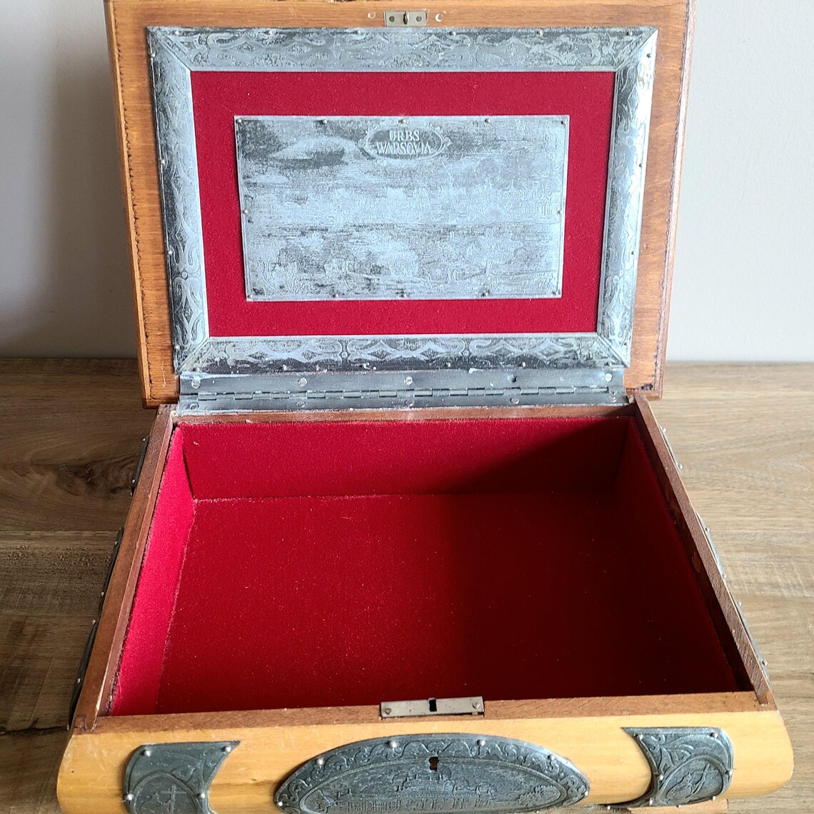 Vintage Large Varsovia Wooden Jewelry Box With Pewter Metal Details ...