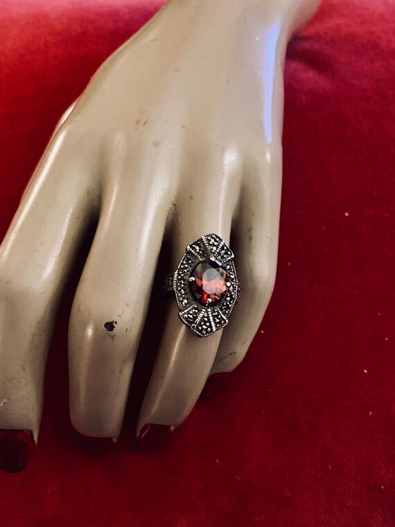 Art Deco repro faux ruby marcasite and silver ring si… - Gem