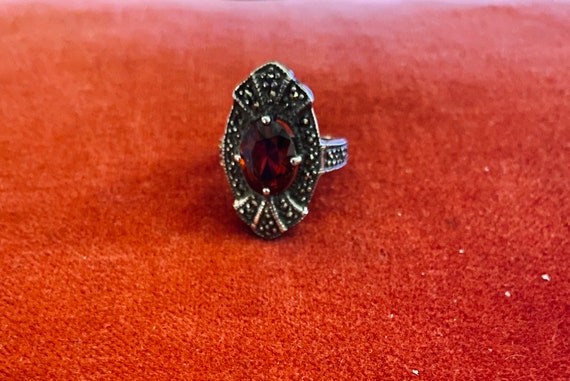 Art Deco repro faux ruby marcasite and silver ring si… - Gem