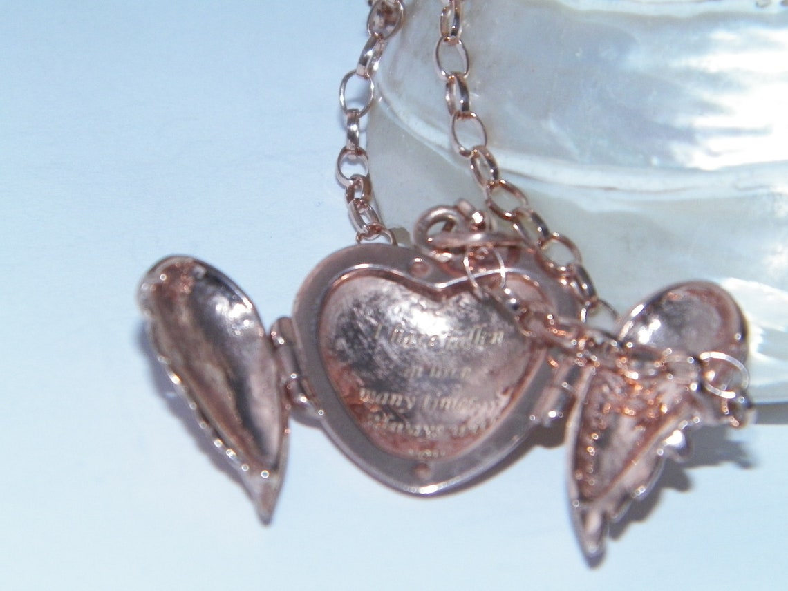 Angel Wings Heart Locket Pendant Engraved Message Inside Set | Etsy