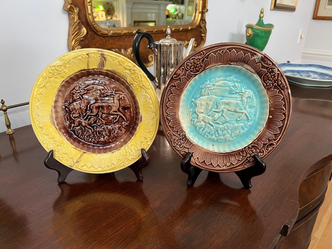 Pair Antique Majolica Stag & Hound Hunt Scene Plates - Etsy