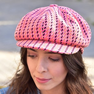 Pink Newsboy Hat for Women Girls in Bright Houndstooth Cotton Fabric ...
