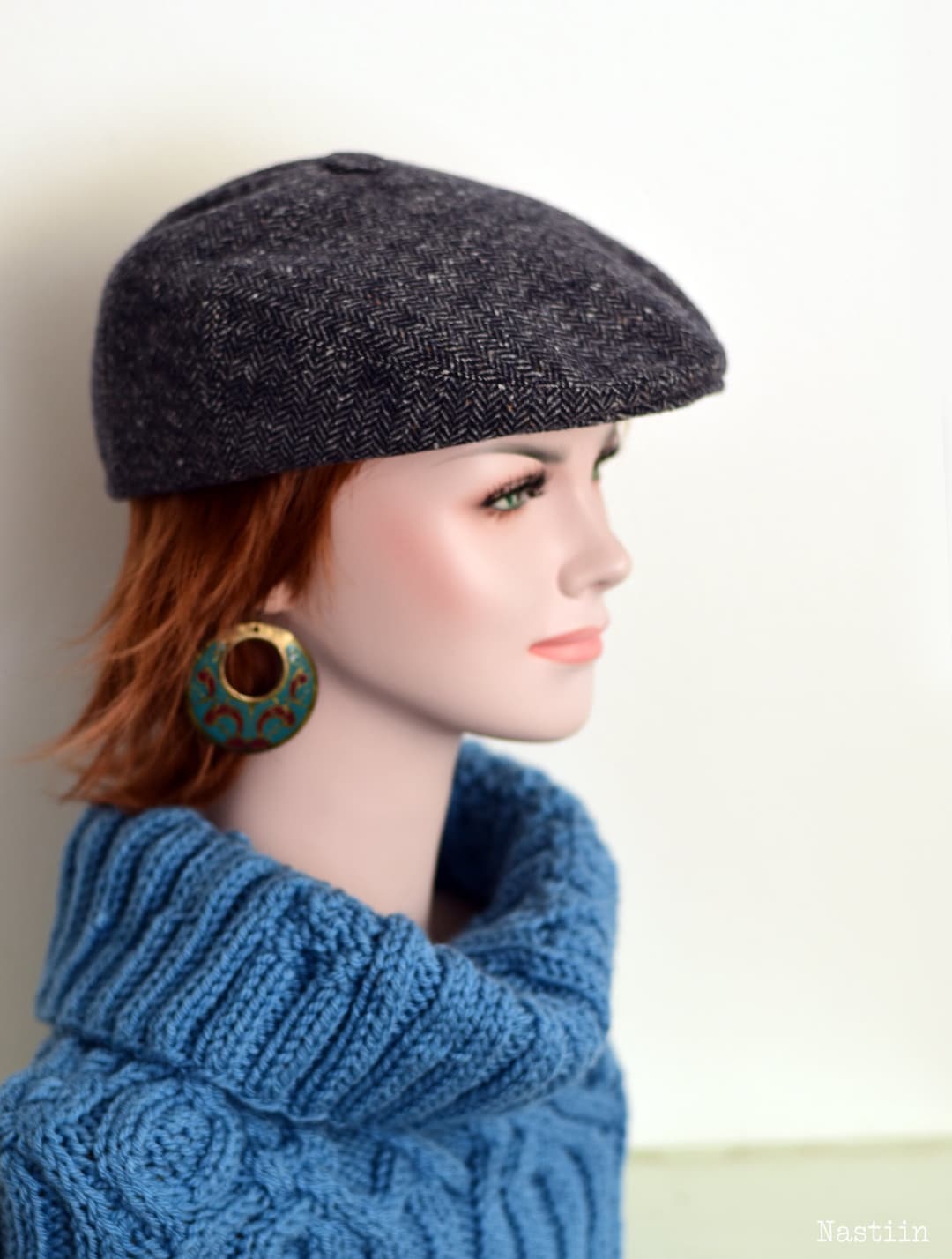 Blue Herringbone Flat Cap for Women, Flat Newsboy Hat for Men, Unisex ...