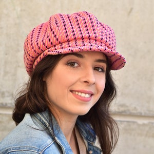 Pink Newsboy Hat for Women Girls in Bright Houndstooth Cotton Fabric ...