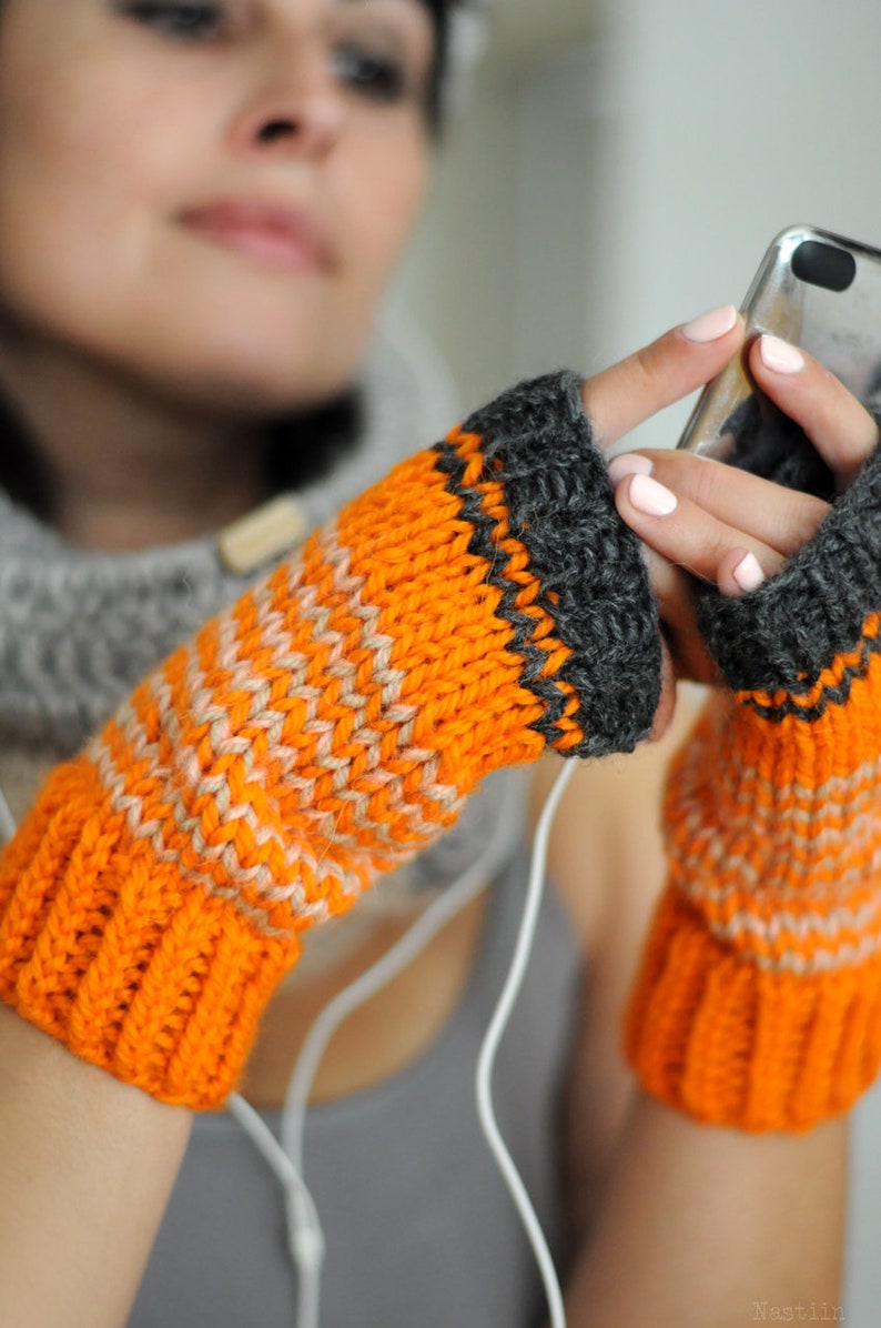 Grey red knit mittens without fingers Knit fingerless mitts | Etsy