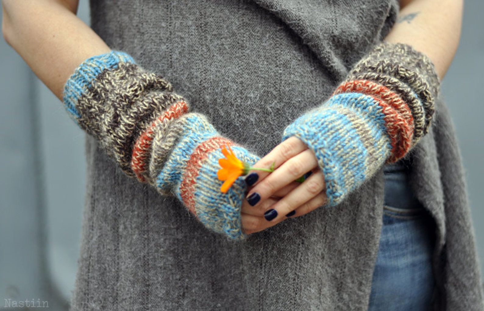 Knit Hand Gloves Blue Knit Mittens Wool Fingerless Gloves Knit - Etsy