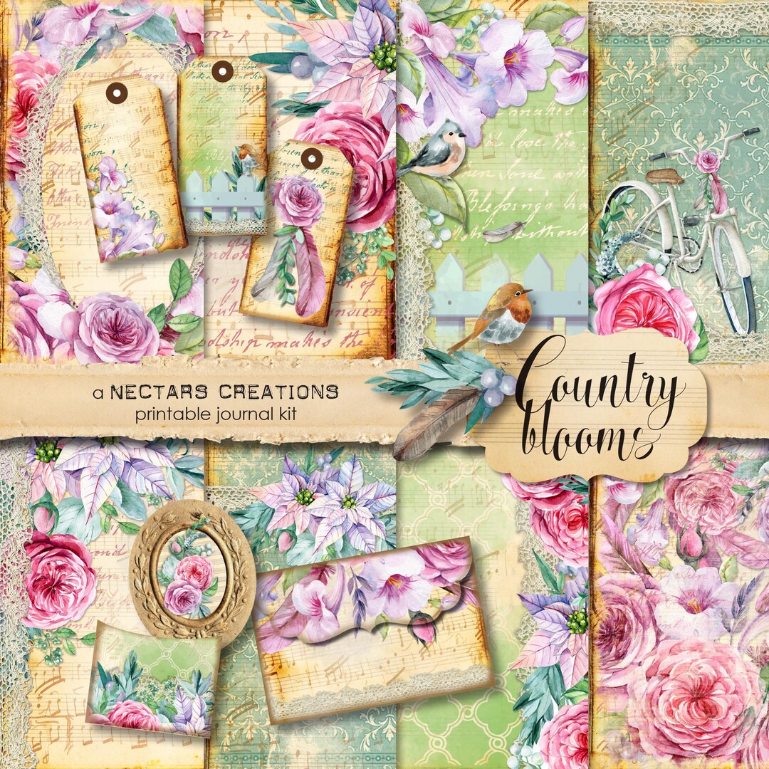 COUNTRY BLOOMS Floral Printable Junk Journal Kit. Bo-ho, Vintage, for ...