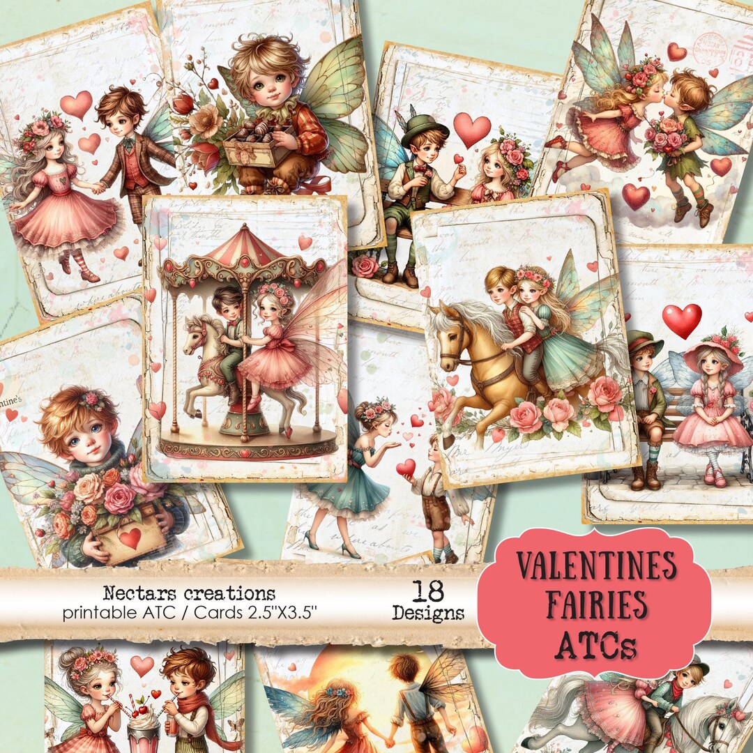 VALENTINES FAIRIES Vintage Printable 2.5x3.5 ATC Collage Sheet ...