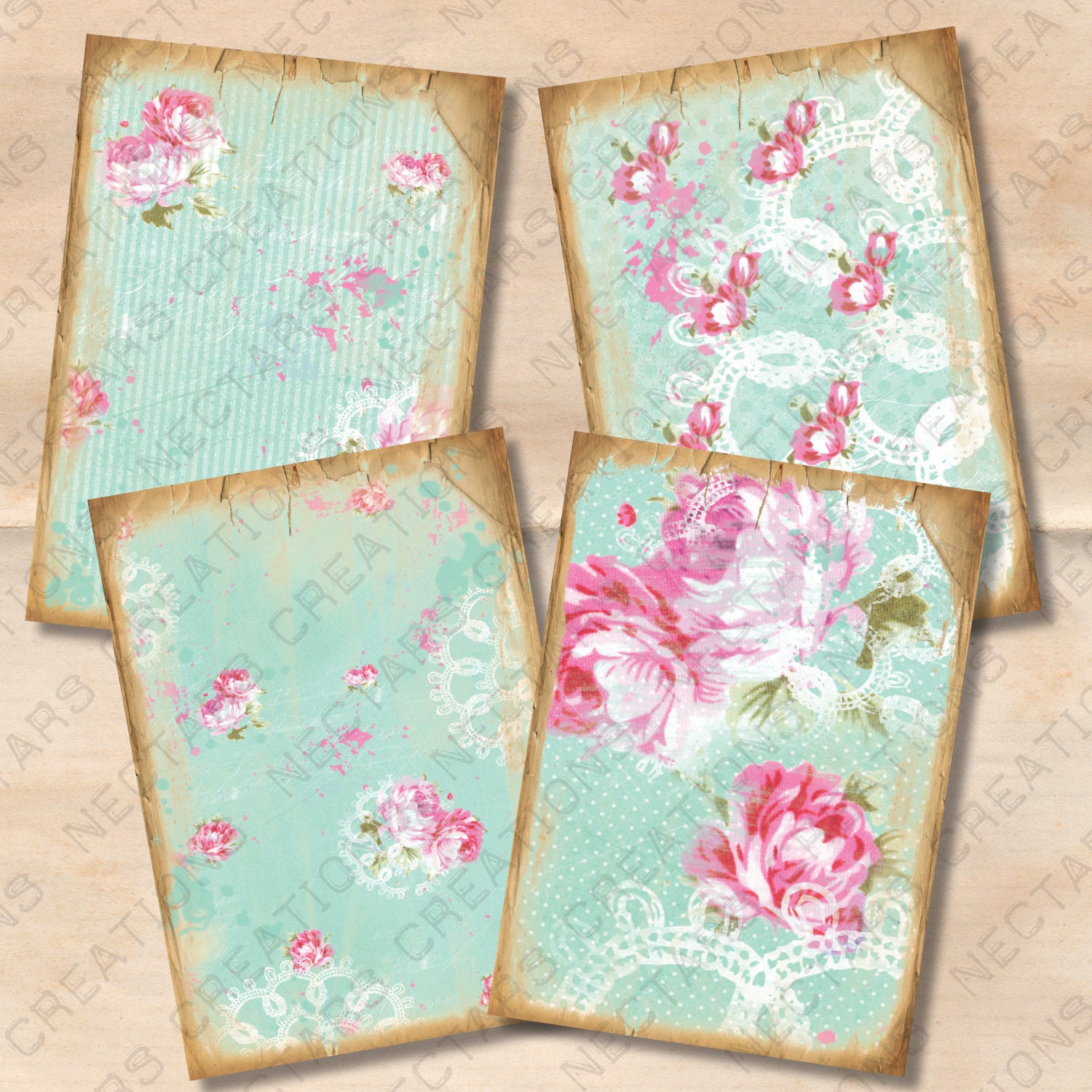 SHABBY_TEAL_ BLOOMS Vintage Printable 2.5x3.5 ATC Images Collage Sheet ...