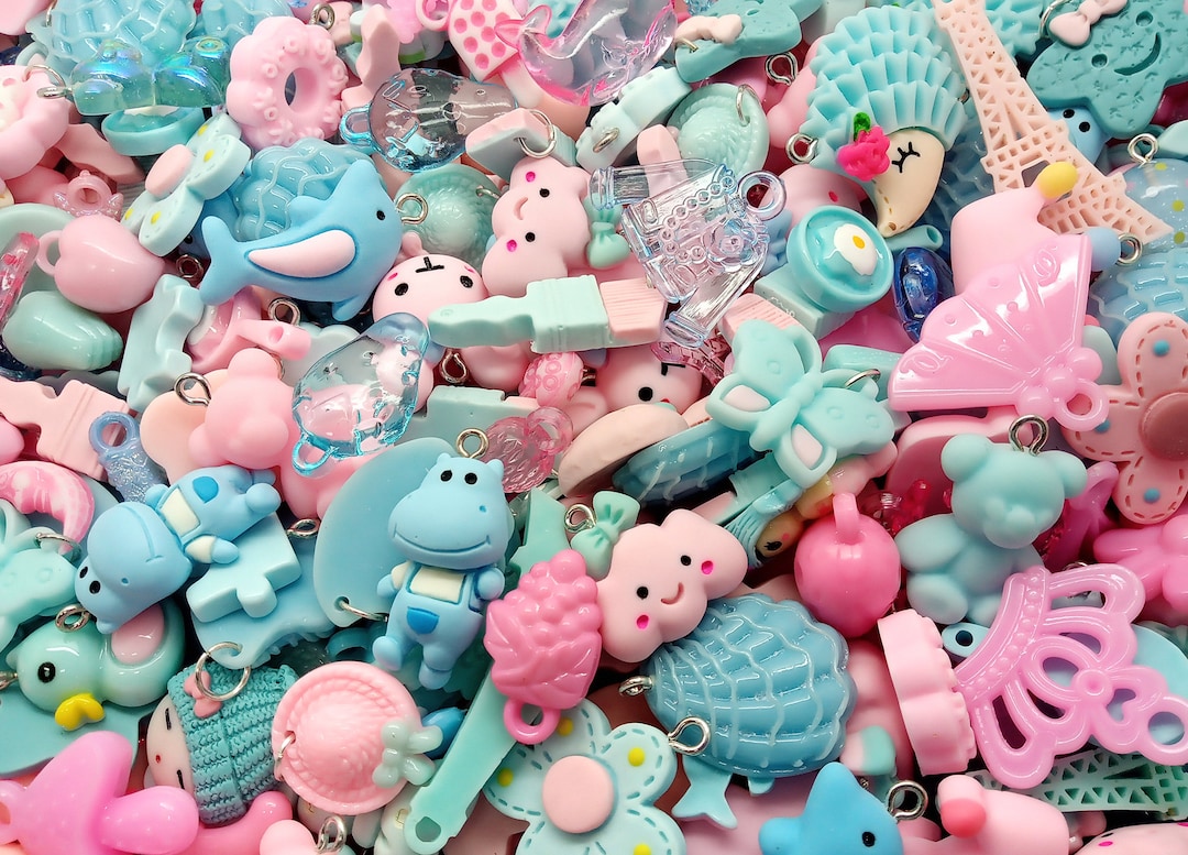 Kawaii Charm Mix in Pink & Blue, 30 Assorted Acrylic Charms and Resin ...