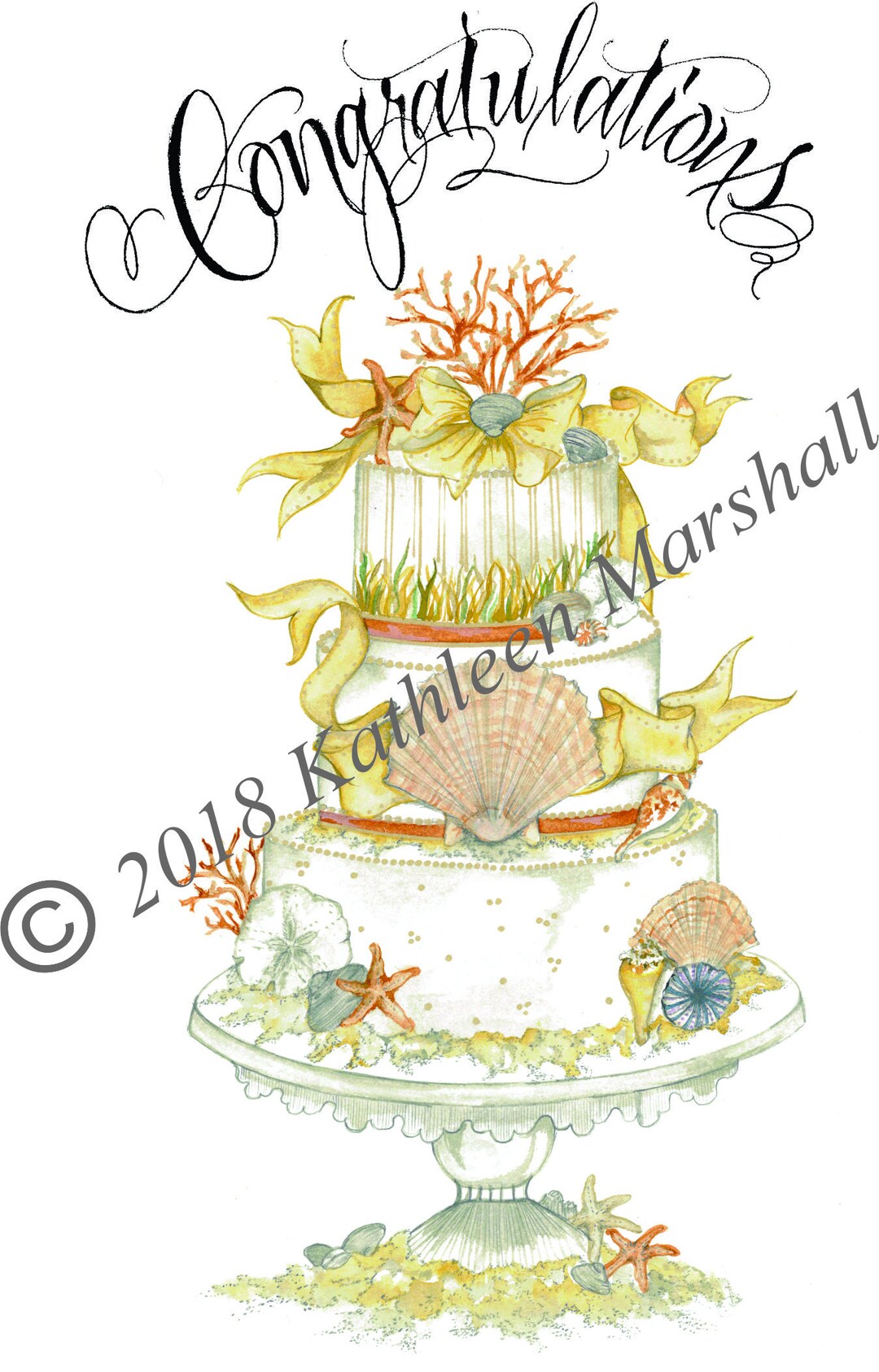 Congratulations Beach Cake Card, Hand Made, Blank, Original Watercolor ...