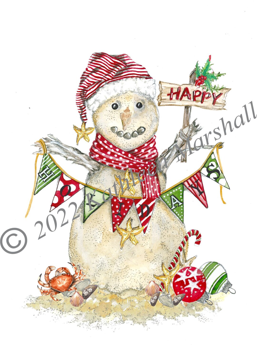 Holiday Beach Sandman Card, Hand Made, Blank, Original Watercolor ...
