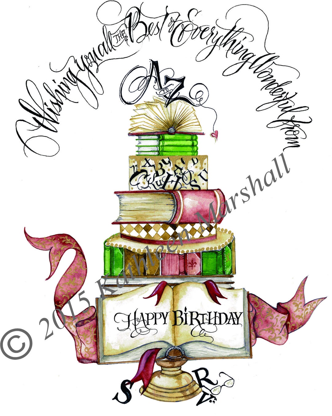 Happy Birthday Book Cake Card, Hand Made, Blank, Original Watercolor ...