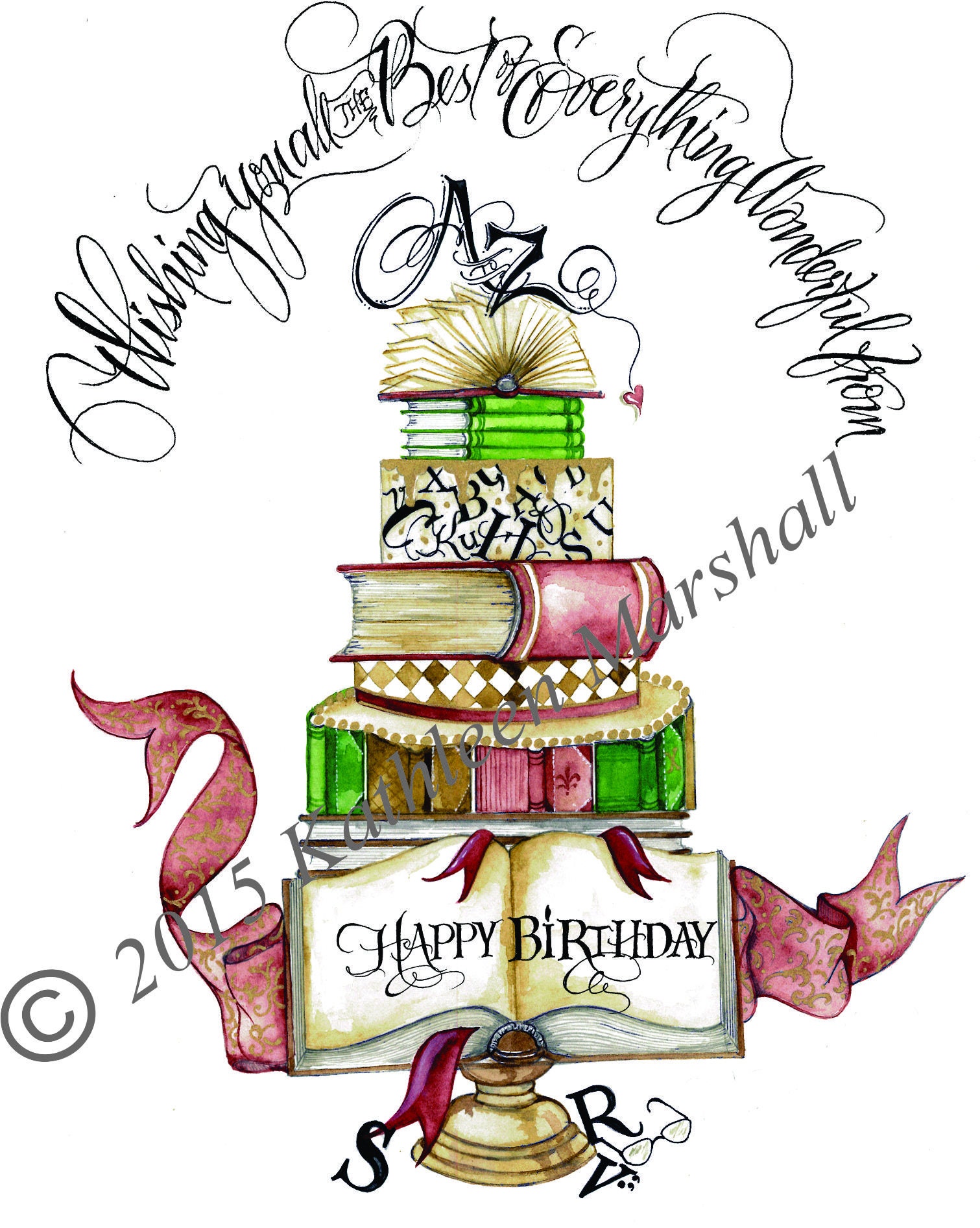 Happy Birthday Book Cake Card, Hand Made, Blank, Original Watercolor ...