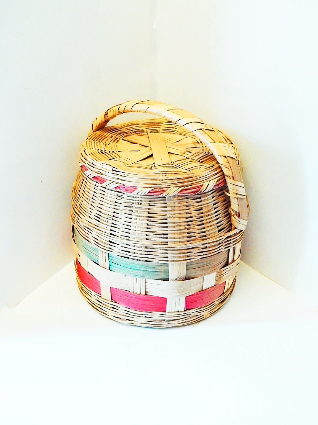 Vintage 14 Inch Tall Round Green/red Storage Basket With Lid - Etsy