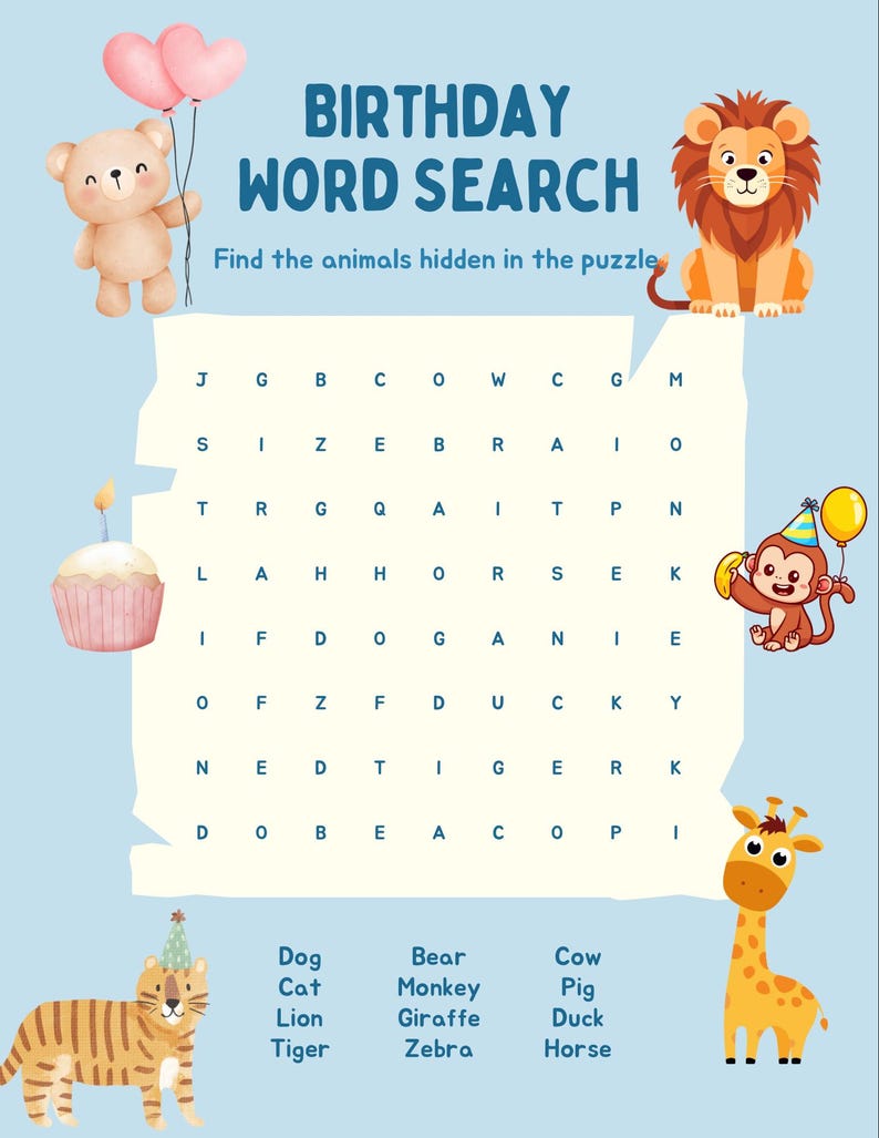 Word Search Birthday Game for Kids Easy - Etsy