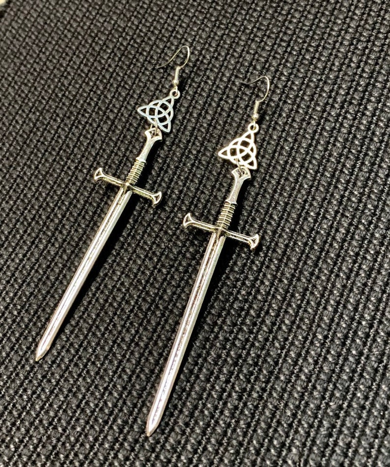 Sword Earrings-highlander-triquetra-silver-katana-long Sword-excalibur ...