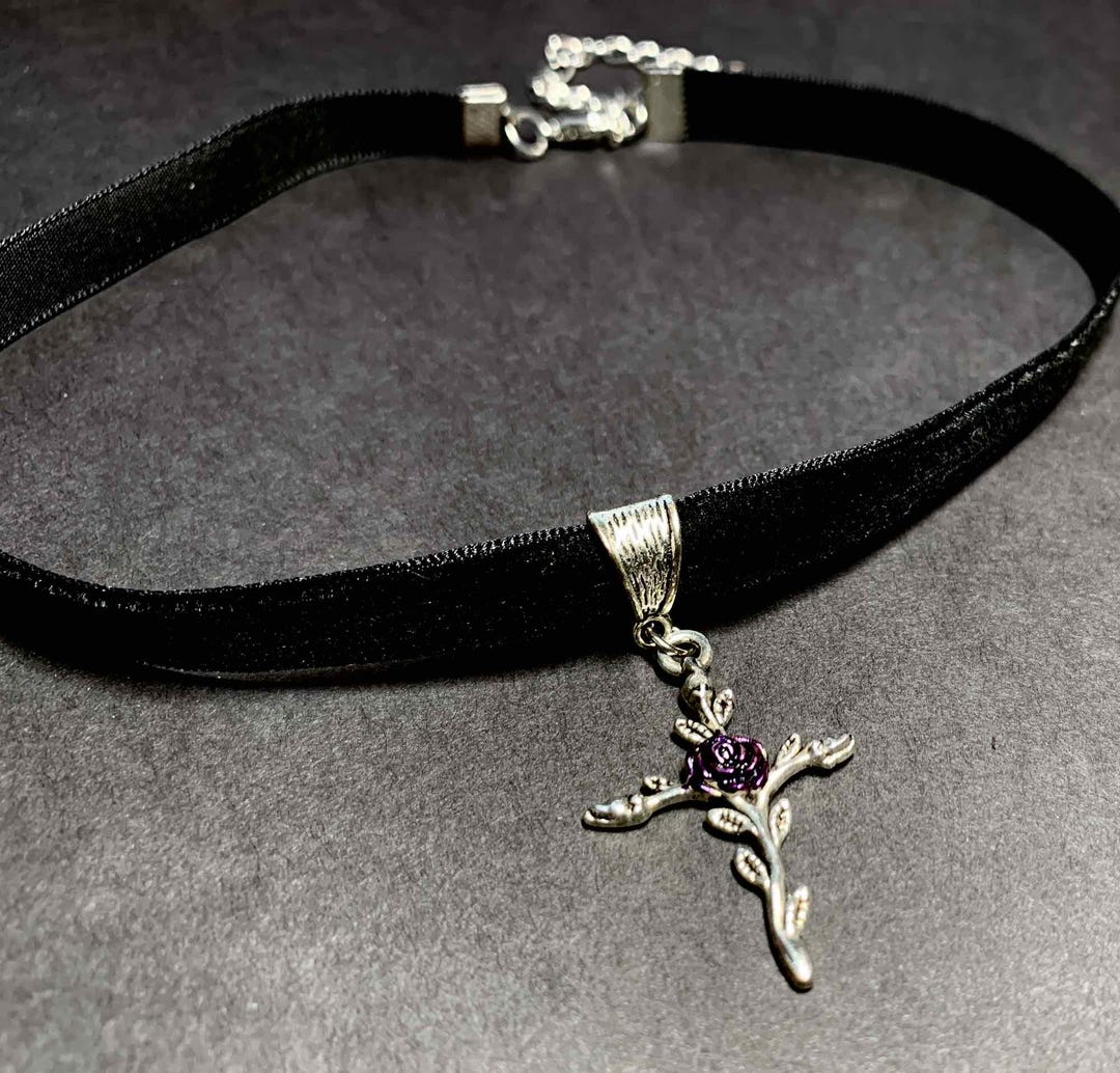 Black Velvet Rose Choker-y2k-purple-plus Size-choker Necklace -gothic ...