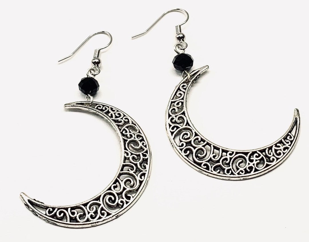 Filigree Moon Earrings With Black Bead - Etsy