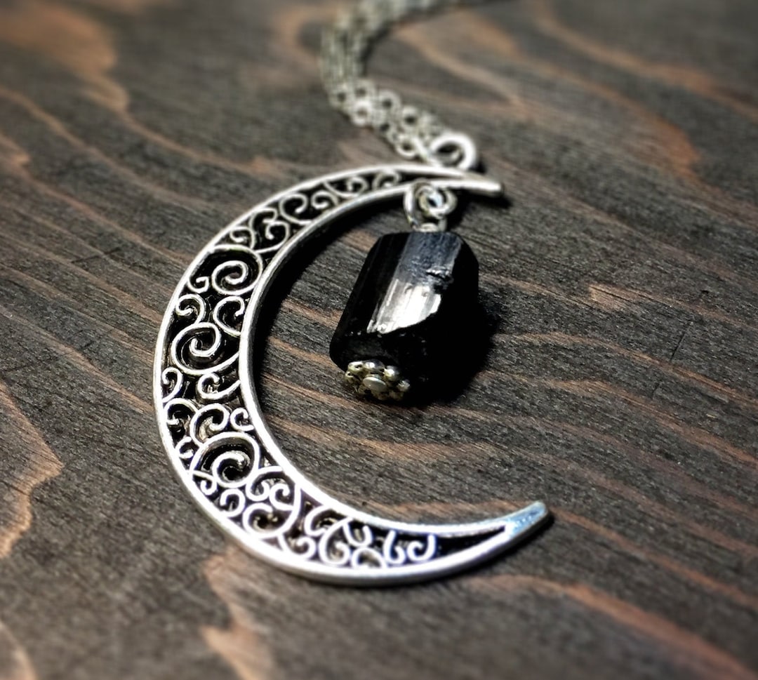 Black Tourmaline Moon Necklace-crescent Moon-goth Necklace-choose Your ...