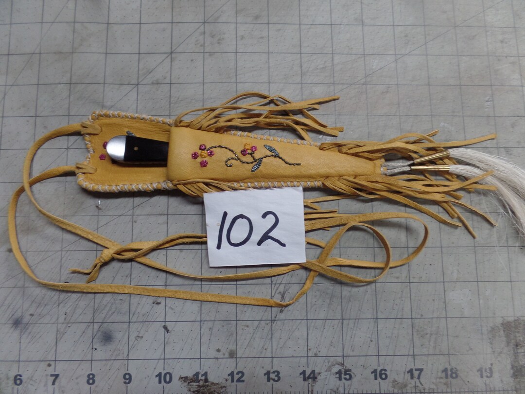 Porcupine Quill Decorated Leather Neck Knife Sheath Complete With Knife ...