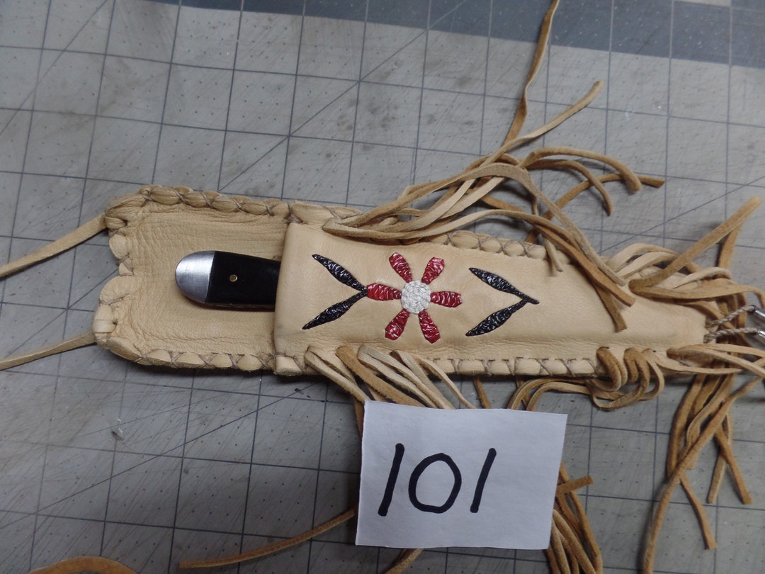 Porcupine Quill Decorated Leather Neck Knife Sheath Complete With Knife ...