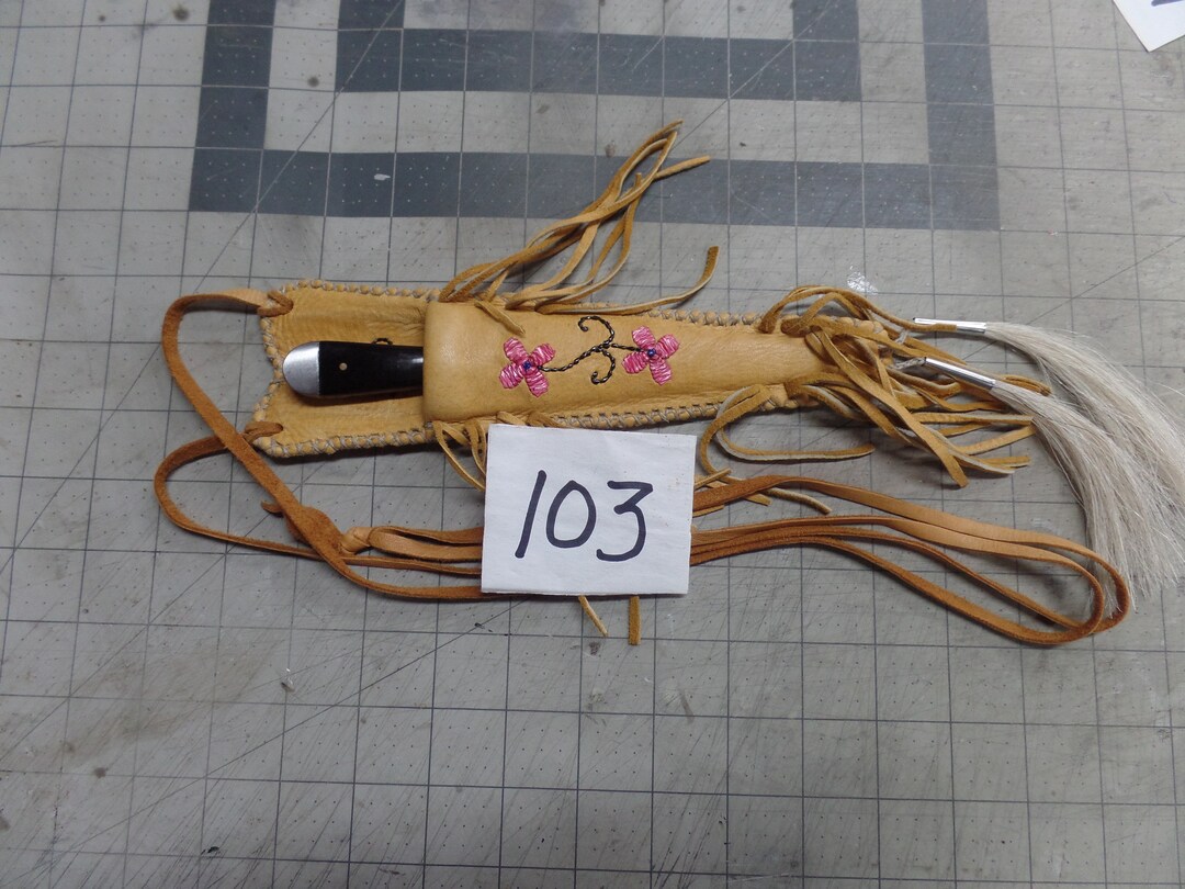 Porcupine Quill Decorated Leather Neck Knife Sheath Complete With Knife ...