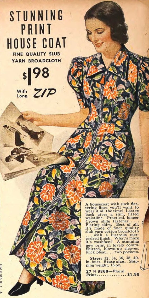 Vintage 30s Zip Front Floral Print House Coat / Dress… - Gem