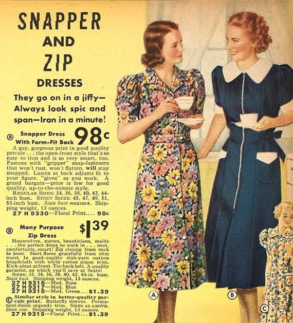 Vintage 30s Zip Front Floral Print House Coat / Dress… - Gem