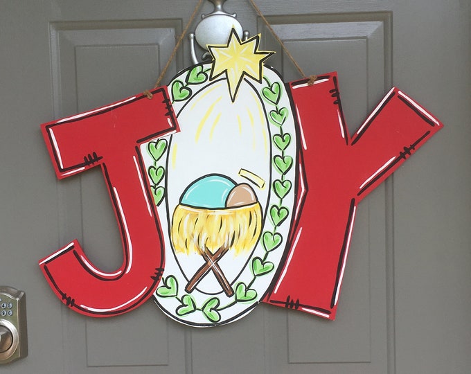 Hand-painted JOY Nativity Christmas Door Hanger, Manger, Jesus ...