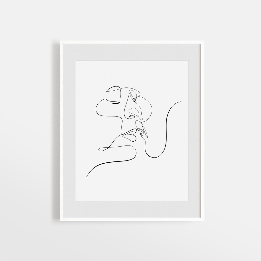 Abstract Love Line Art, Couple Kiss Wall Art, Line Drawing, Minimal ...