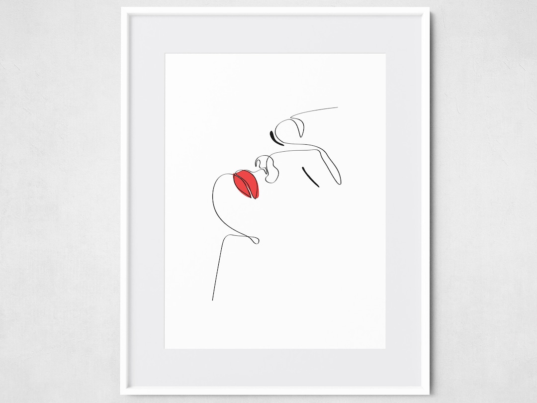Woman Face One Line Drawing Printable Art, Facial Abstract Red Lipstick ...