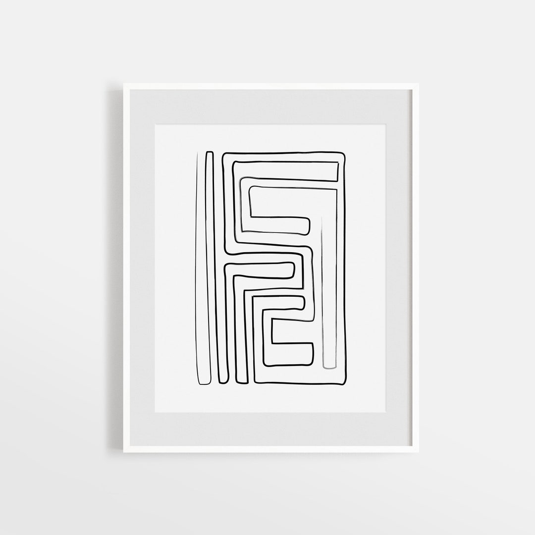 One Line Pattern Maze Print, Square Abstract Illustration, Black Ink ...