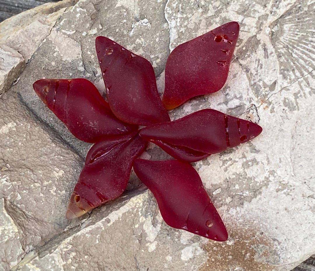 Cherry Red Sea Glass Conch Shell Beads: Frosted Recycled Glass Pendants ...