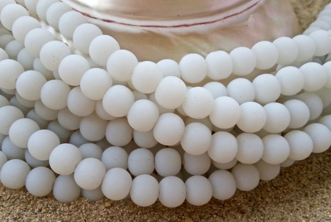 1 Strand of 6mm Round Center Drilled Opaque White Cultured Sea Glass ...