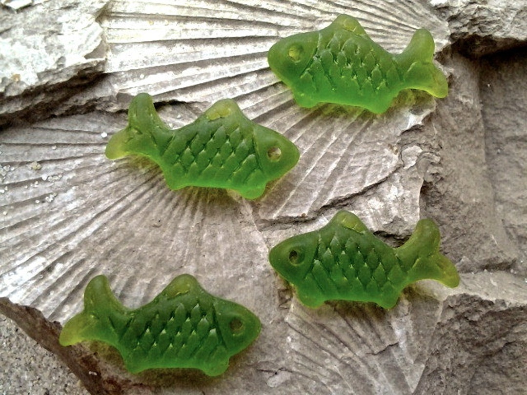 2 Pcs. Adorable Cultured Sea Glass Fish Olive lime Green With Design on ...