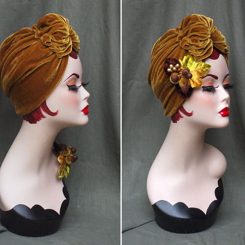 BURGUNDY & BLACK // Deep Red Velvet Full Cap Turban Brooch // | Etsy