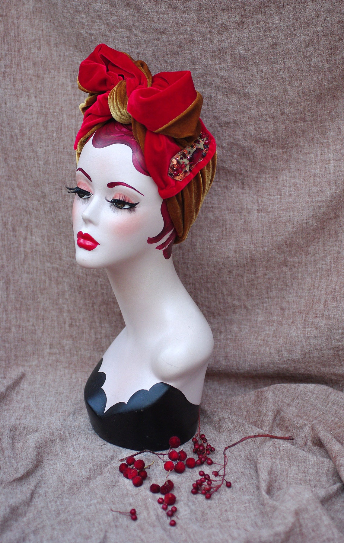 GOLD & CHERRY RED Velvet Turban Headband // Vintage 20s 30s - Etsy