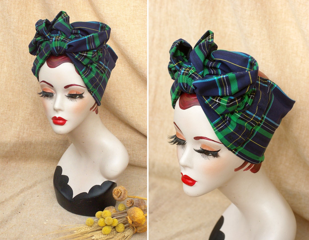 NAVY Blue & GREEN Tartan Turban Headband Organic Cotton Jersey ...
